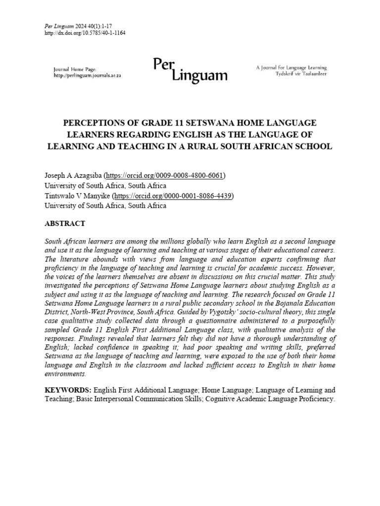 Perceptions of Grade 11 Setswana Home Language Learners Regarding English As The Language of ...