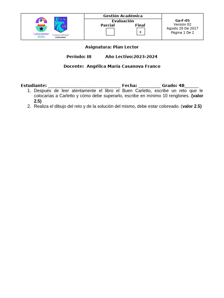 Evaluacion Plan Lector Grado 4 A | PDF