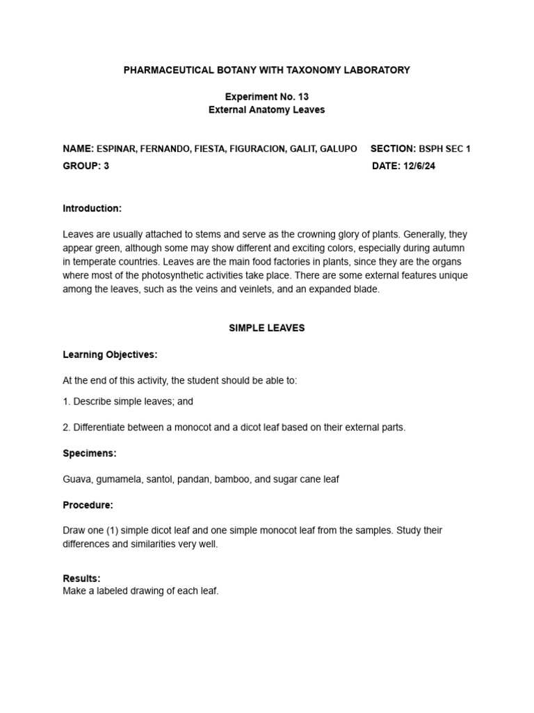 EXP. 13 - PHARMACEUTICAL BOTANY WITH TAXONOMY LABORATORY | PDF | Leaf | Biology