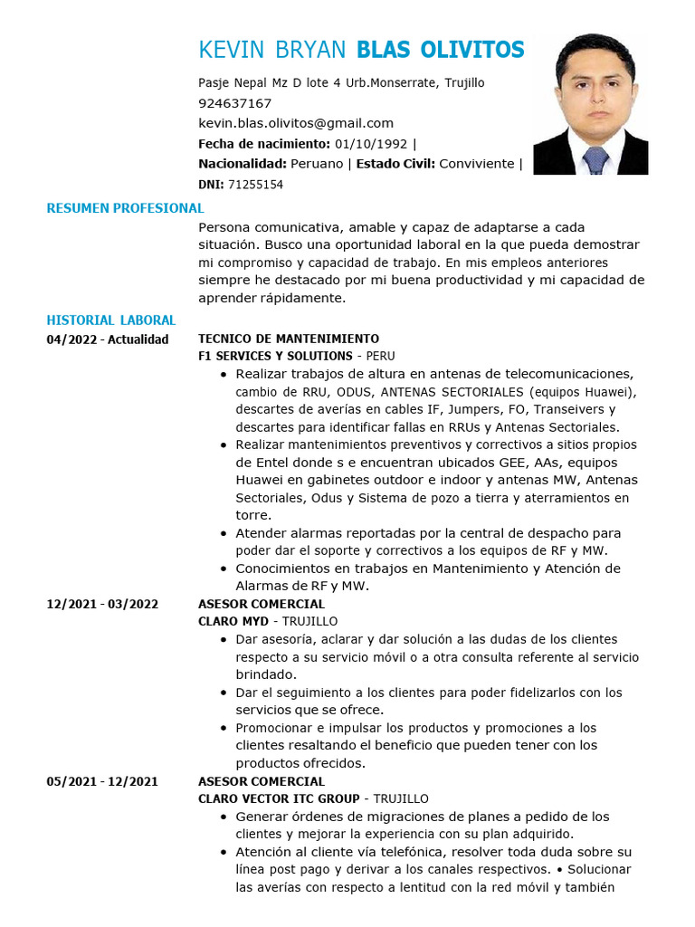 CV de Kevin Blas Olivitos - Técnico en Mantenimiento | PDF