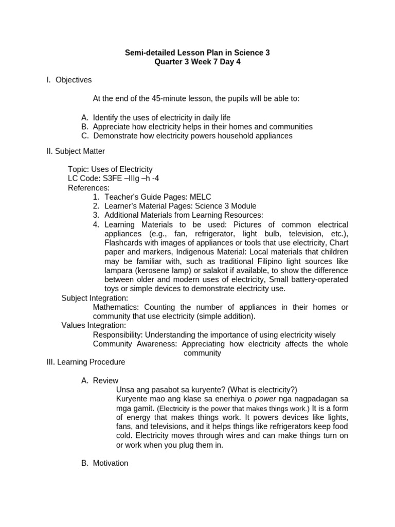 Lesson Plan: Uses of Electricity in Homes | PDF | Home Appliance ...