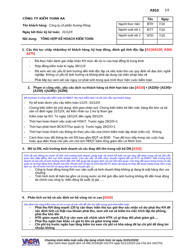A910 - Tong Hop Ke Hoach Kiem Toan (V) | PDF