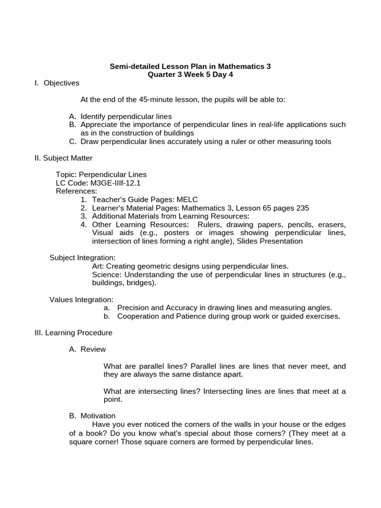 Lesson Plan Math 3 Perpendicular Lines | PDF | Lesson Plan | Perpendicular