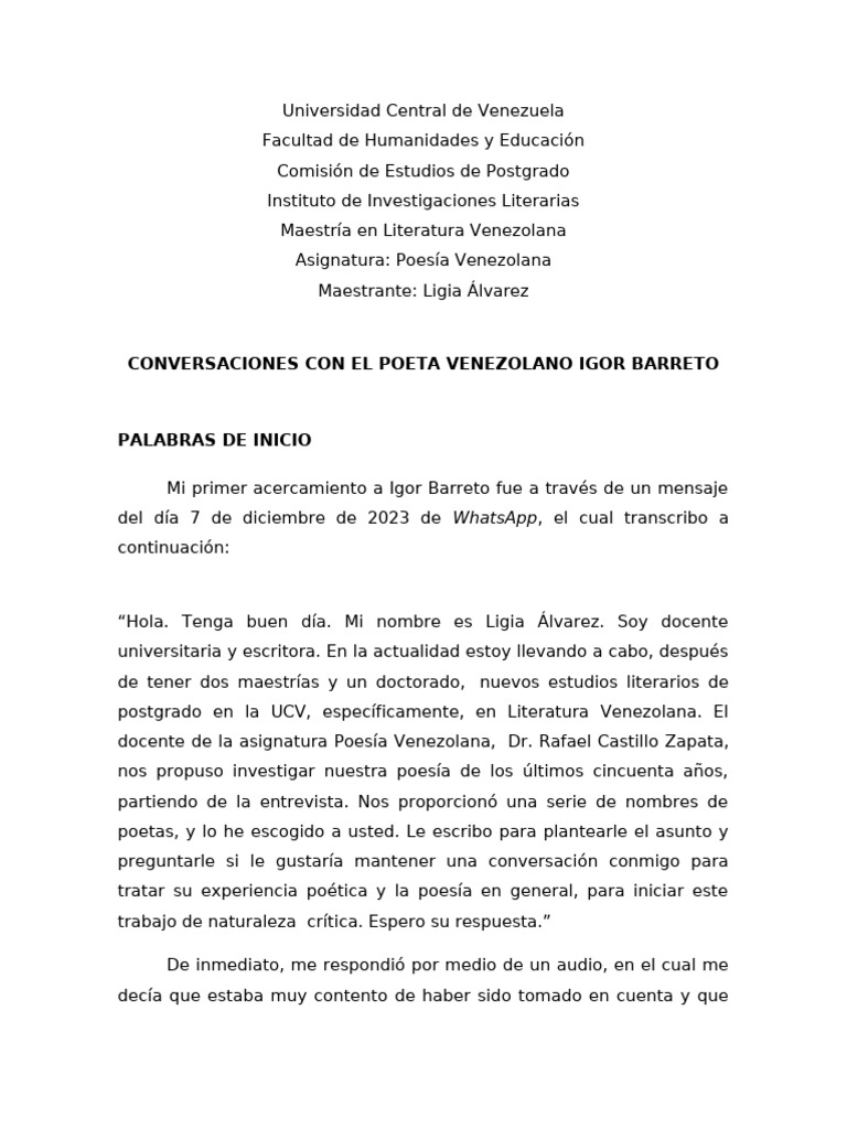 Conversación Con Igor Barreto, Poeta Venezolano | PDF | Poesía | Venezuela