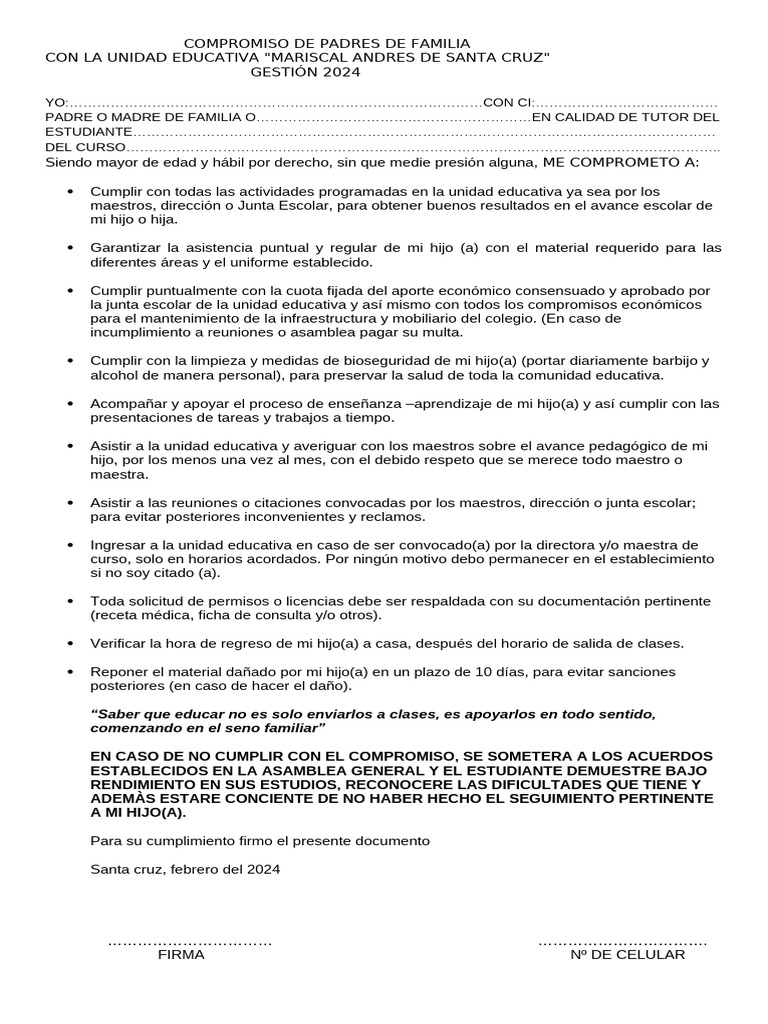 Compromiso de Padres 2024 en Educación | PDF