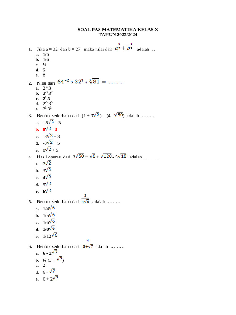 Soal Pas Matematika Kelas X Ganjil | PDF