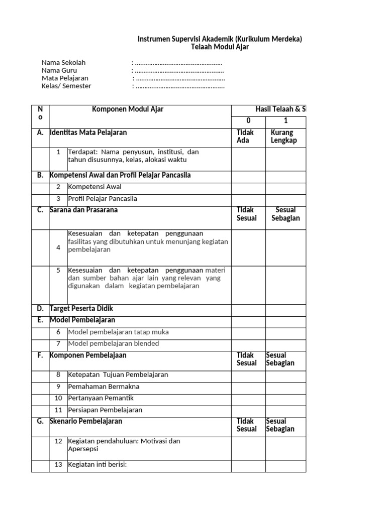 Instrumen Supervisi Penelaahan Modul Ajar | PDF