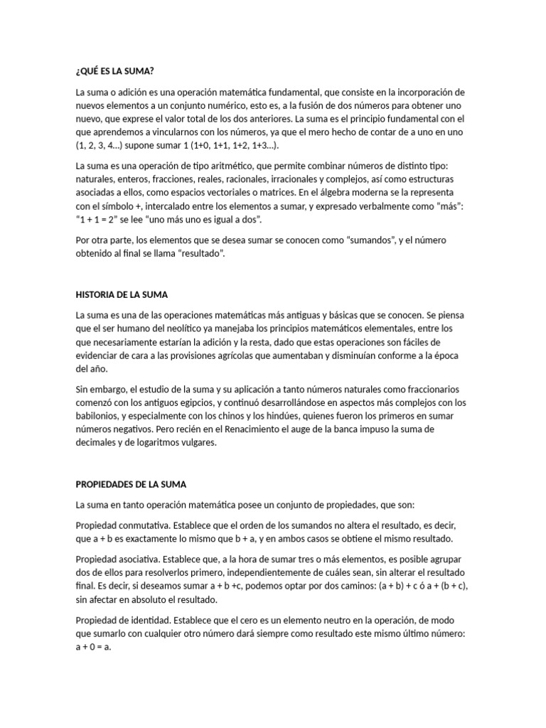 Concepto y propiedades de la suma | PDF | Objetos matemáticos ...