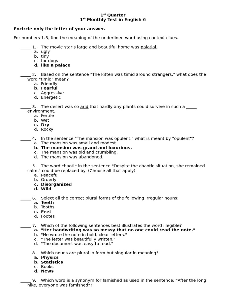 1st MONTHLY 1QT in ENGLISH 6 | PDF | Plural | Language Mechanics