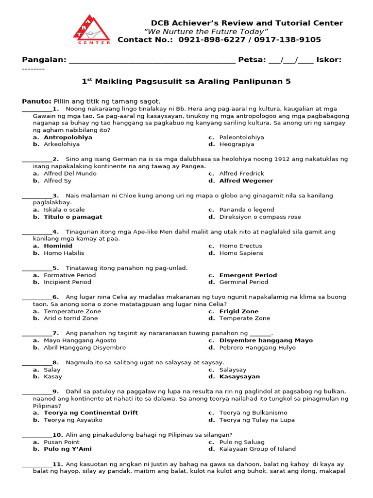 1st Maikling Pagsusulit Sa Araling Panlipunan 5 | PDF