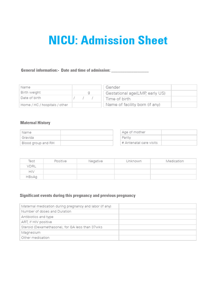 NICU Admission sheet | PDF | Childbirth | Pregnancy