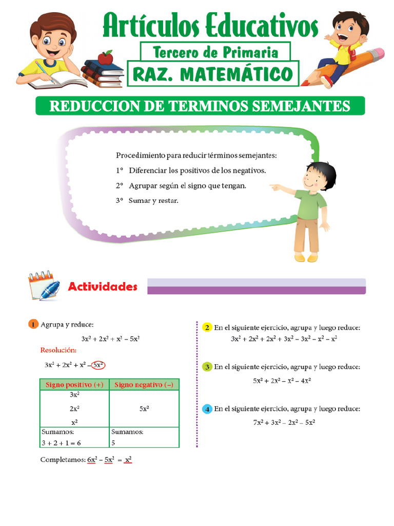 Fichas de Reduccion de Terminos Semejantes para Tercero de Primaria | PDF