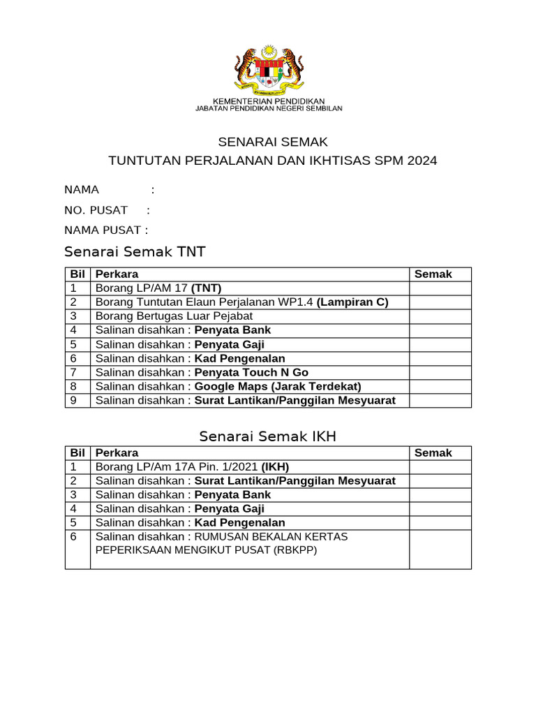 Senarai Semak TNT Dan Ikh | PDF