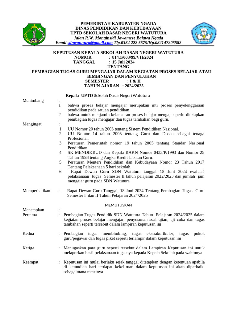 SK Pembagian Tugas 2024-2025 | PDF