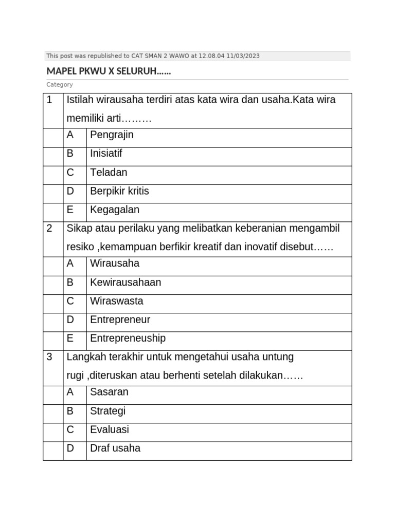 Soal Pkwu Kelas 10 | PDF