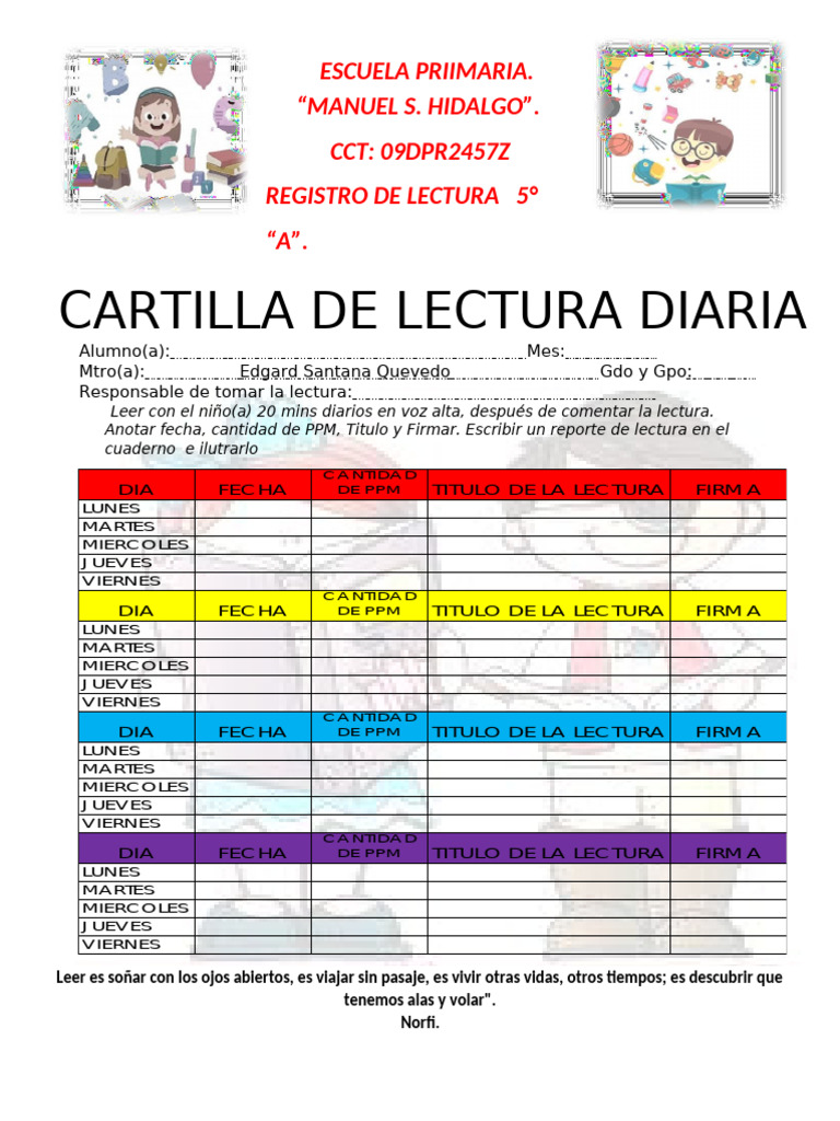 Registro de Lectura Diaria 5° A | PDF