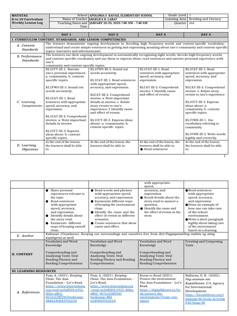 Weekly Lesson Log: Grade 1 Reading | PDF | Reading Comprehension ...