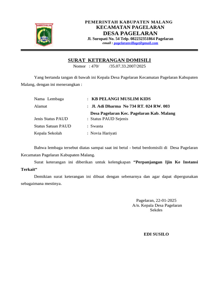 Surat Keterangan Domisili KB Pelangi | PDF
