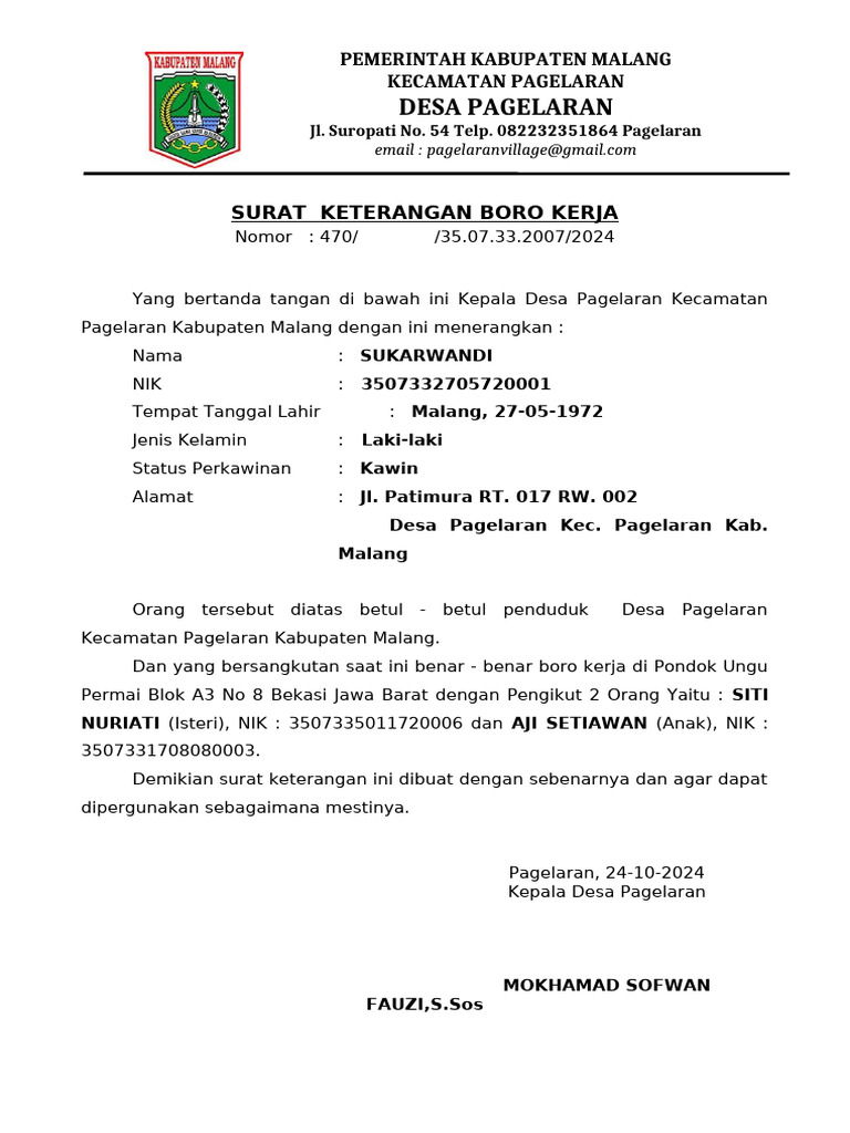 SURAT KETERANGAN BORO KERJA | PDF