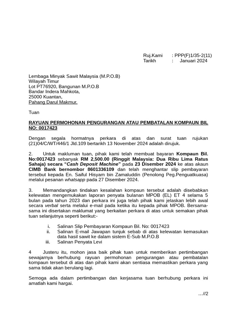 Surat Ke Mpob -Rayuan Kompaun Bil No.0017423 | PDF