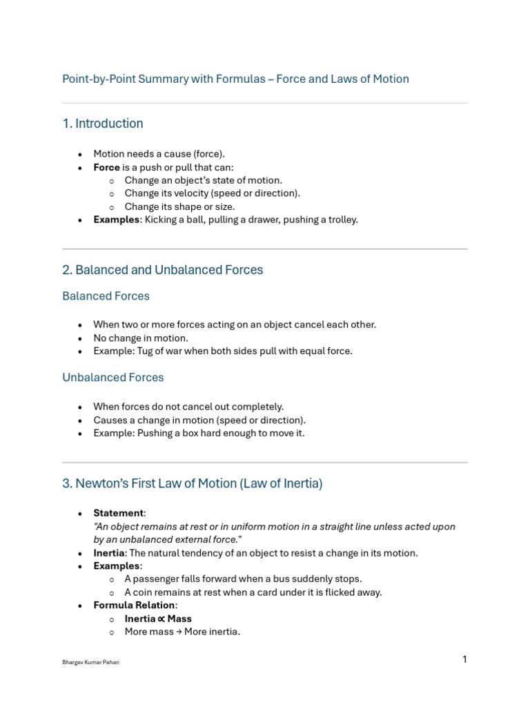 Summary - Force and Laws of Motion | PDF | Force | Newton's Laws Of Motion