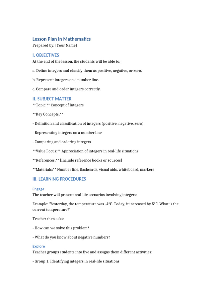 5E Lesson Plan Concept of Integers Reformatted | PDF