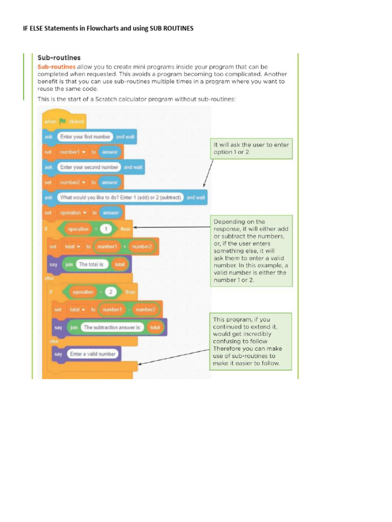 IF ELSE Statements in Flowcharts and Using SUB ROUTINES | PDF