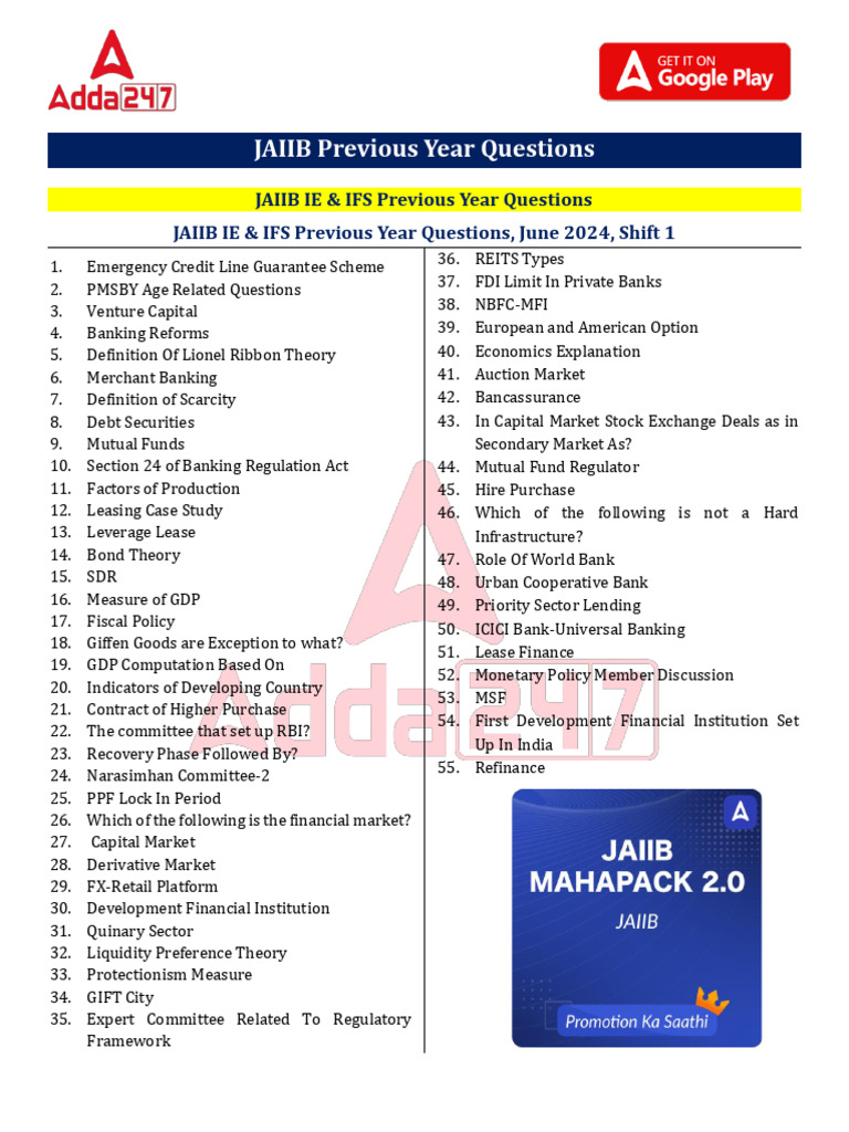 JAIIB Previous Year Questions 2024 | PDF | Reserve Bank Of India | Banks