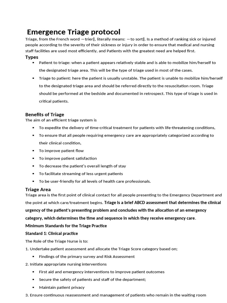 Emergence Triage protocol | PDF | Emergency Department | Medical Specialties