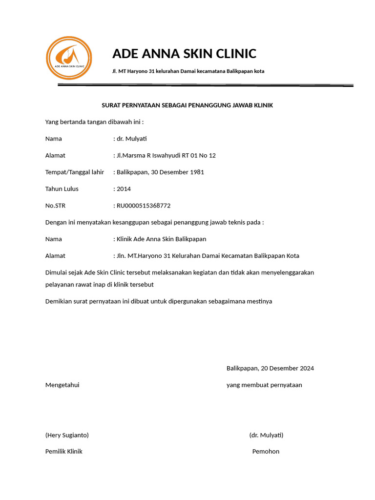 SURAT PERNYATAAN SEBAGAI PENANGGUNG JAWAB KLINIK BB | PDF