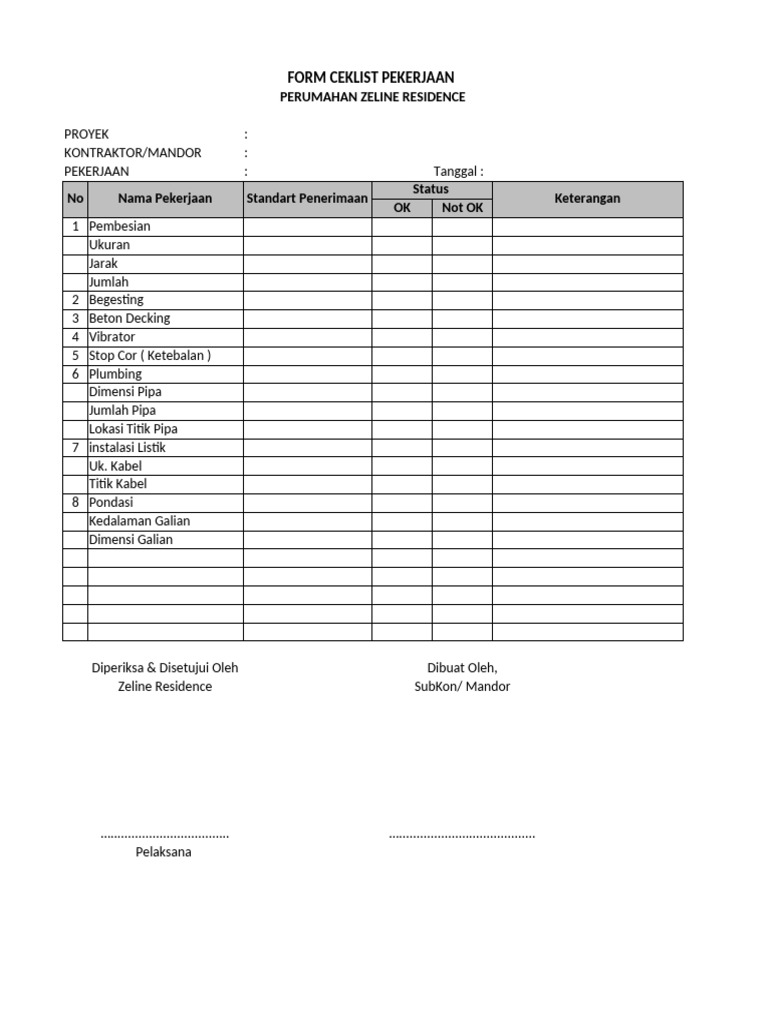 Ceklist Pekerjaan Zeline Residence | PDF