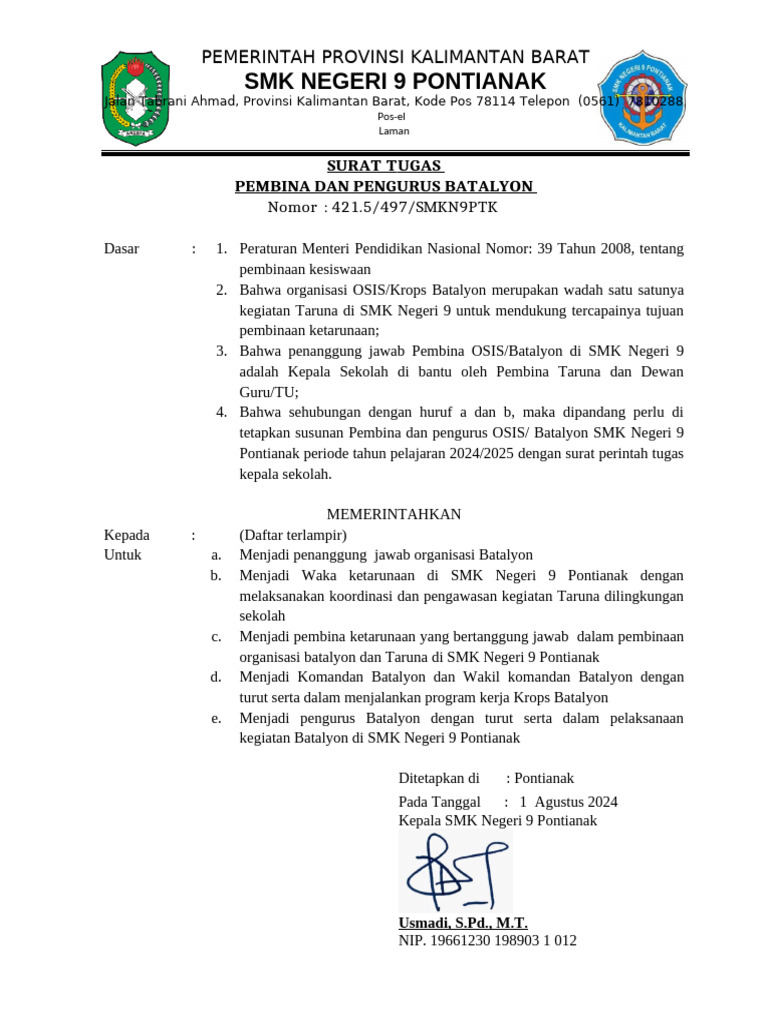 Susunan Pengurus Batalyon SMK 9 Pontianak | PDF