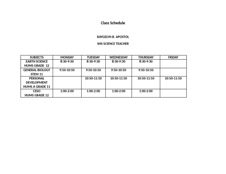 SHS Science Class Schedule 2023 | PDF