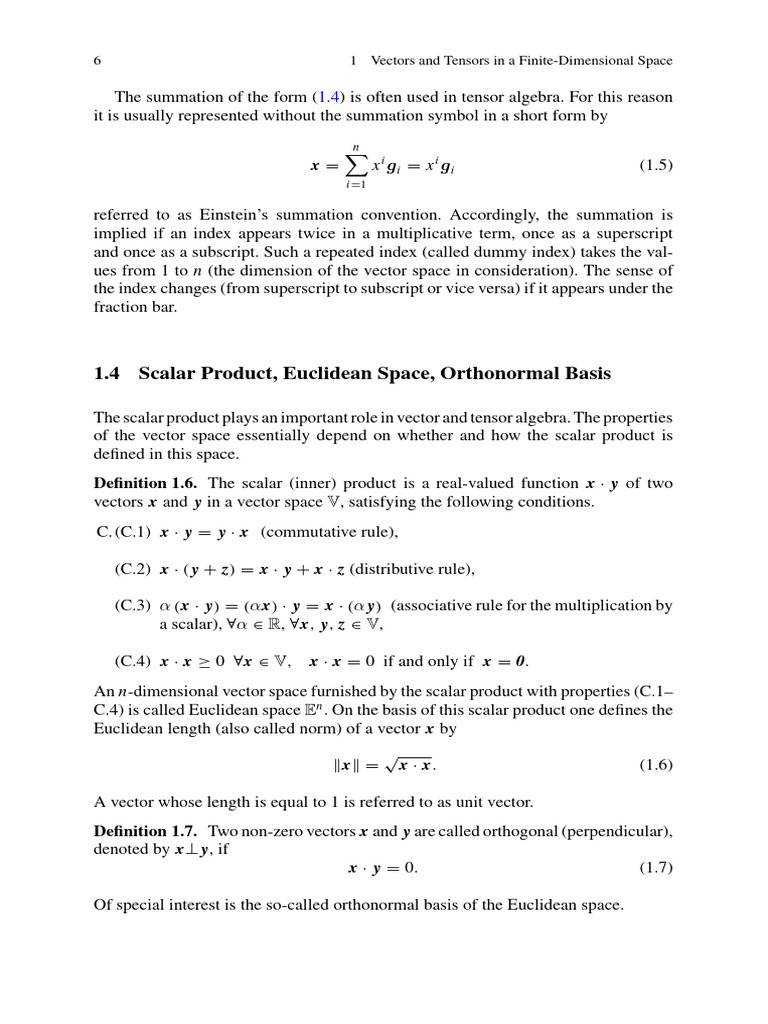 1.4 Scalar Product, Euclidean Space, Orthonormal Basis: 6 1 Vectors and Tensors in A Finite ...