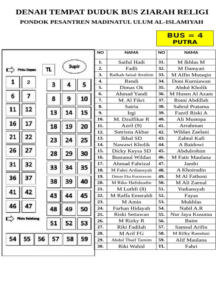 Denah Tempat Duduk Bus Putra 1 | PDF