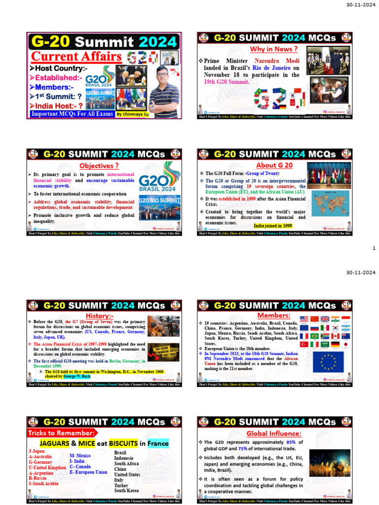 G 20 Summit 2024 MCQs | PDF | International Economics | Global Governance
