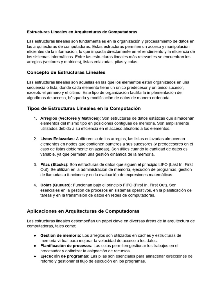 Estructuras Lineales en Computación | PDF | Almacenamiento de datos de ...