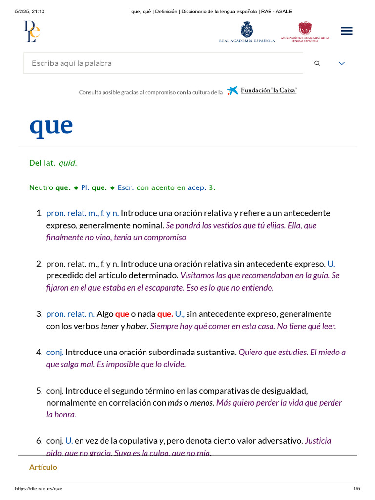 que, qué _ Definición _ Diccionario de la lengua española _ RAE - ASALE ...