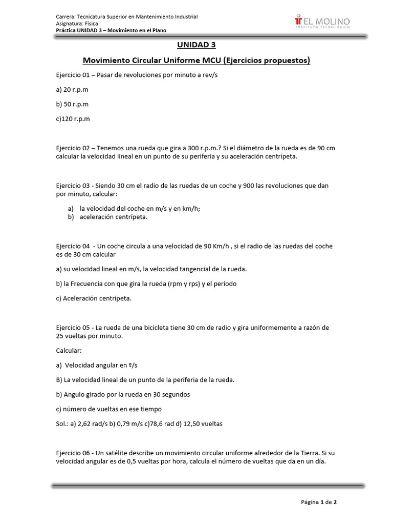 Unidad 3 - Movimiento en el plano MCU Ejercicios propuestos | PDF | Velocidad | Cantidad