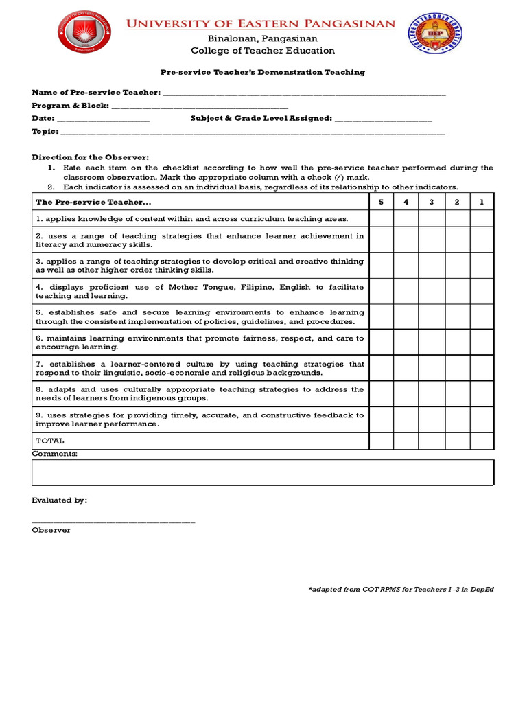 Evaluation On Pre-Service Teacher-S Demonstration Teaching | PDF