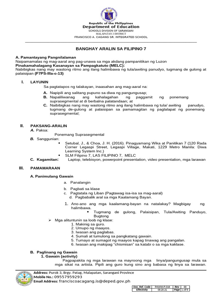 Banghay Aralin Sa Filipino 7 Final | PDF