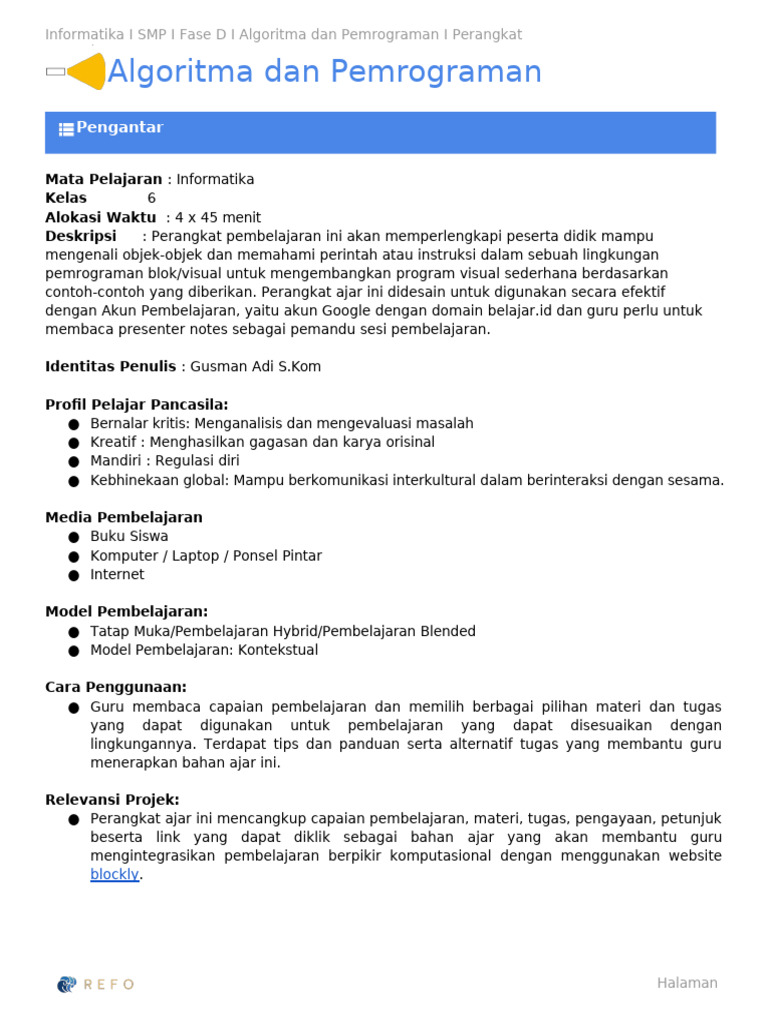 Informatika - Bahan Ajar - SMP 8 - Fase D - Algoritma Dan Pemrograman | PDF