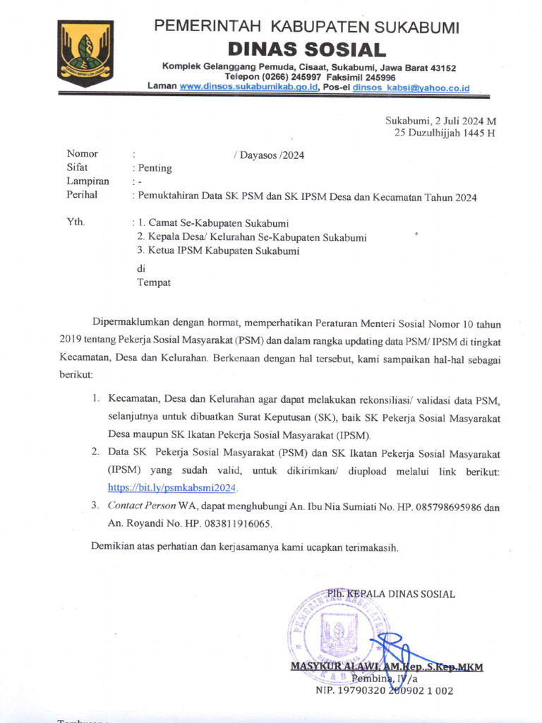 SURAT PEMUKTAHIRAN DATA SK PSM DESA DAN SK IPSDESA DAN KECAMATAN DI KAB ...