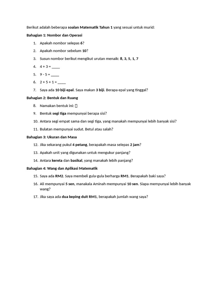 Math Tahun 1 Pdf