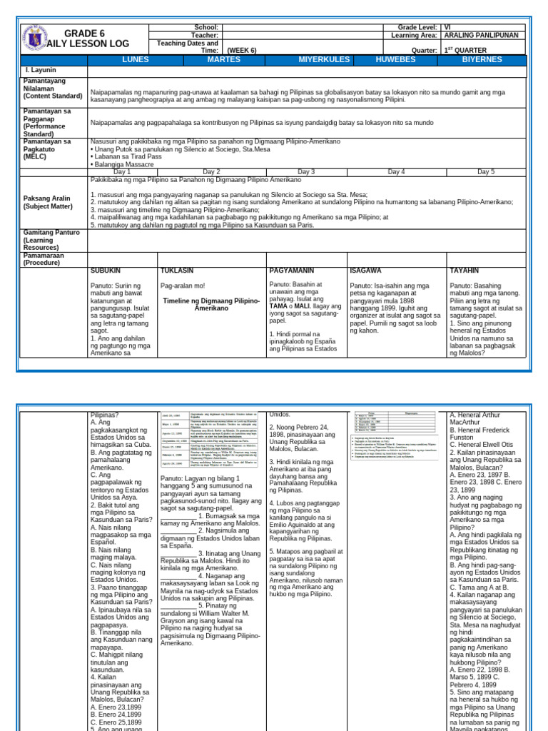 Melc-Based Grade 6 DLL Quarter 1 Week 6 | PDF