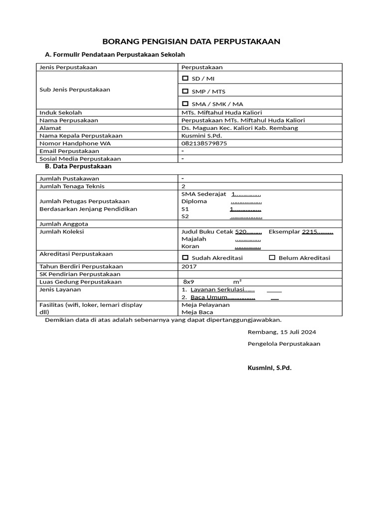 Borang Pengisian Data Perpustakaan | PDF