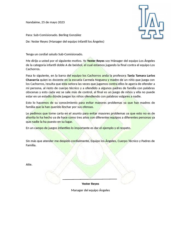 Carta de Equipo Beisbol Infantil | PDF