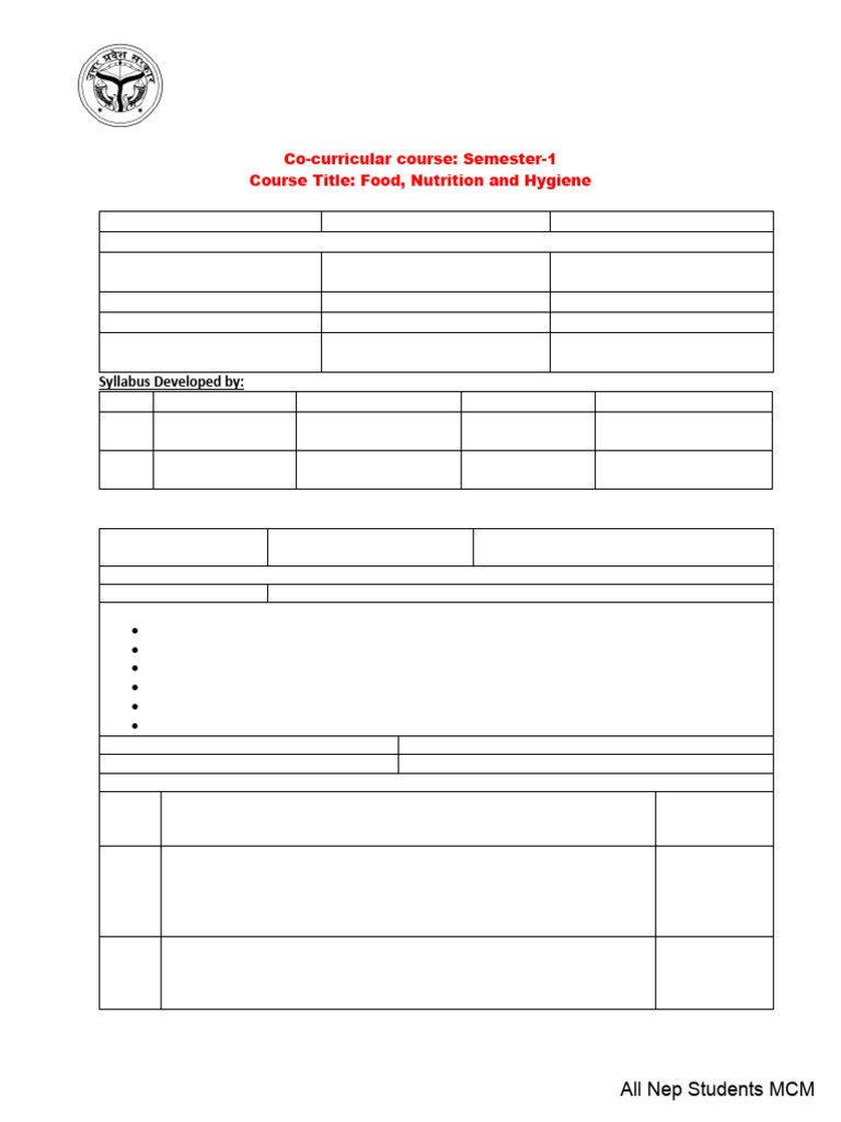 Food, Nutrition and Hygiene Syllabus | PDF | Nutrition | Diet & Nutrition