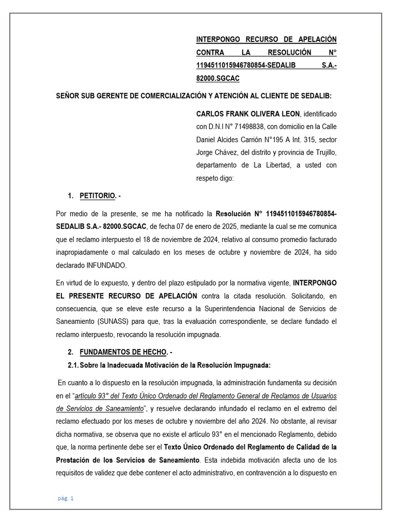 Apelación Res. Sedalib | PDF | Agua | Regulación