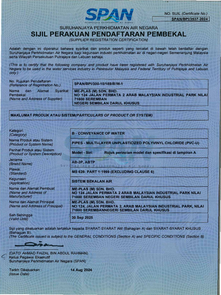 2022-09-30 SPAN Approval Certificate For AB-3P, ABTP Water Supply MS628 ...